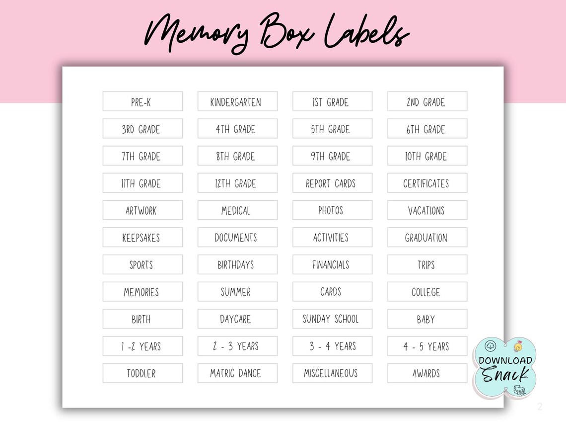 MEMORY Box TAB LABELS, Printable, School File Box, Kids School Years ...