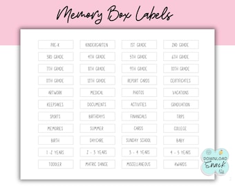 MEMORY Box TAB LABELS, Printable, School File Box, Kids School Years ...