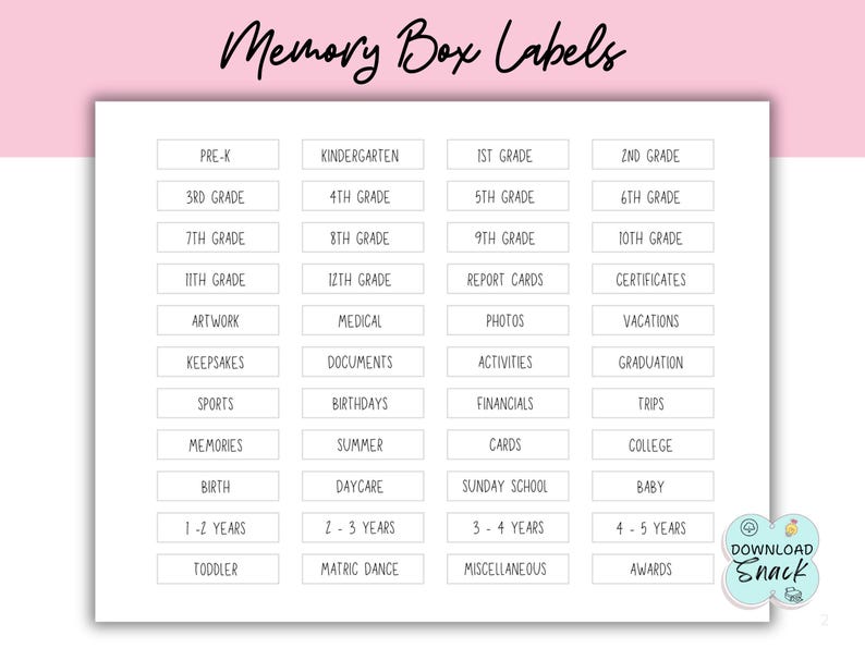 MEMORY Box TAB LABELS, Printable, School File Box, Kids School Years ...