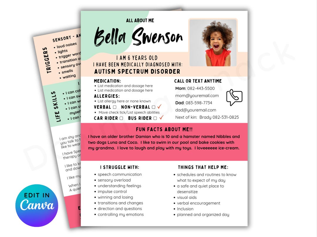 About Me Autism SPECIAL NEEDS Page, Back to School, ADHD, Disability ... About Me Autism SPECIAL NEEDS Page, Back to School, ADHD, Disability ...