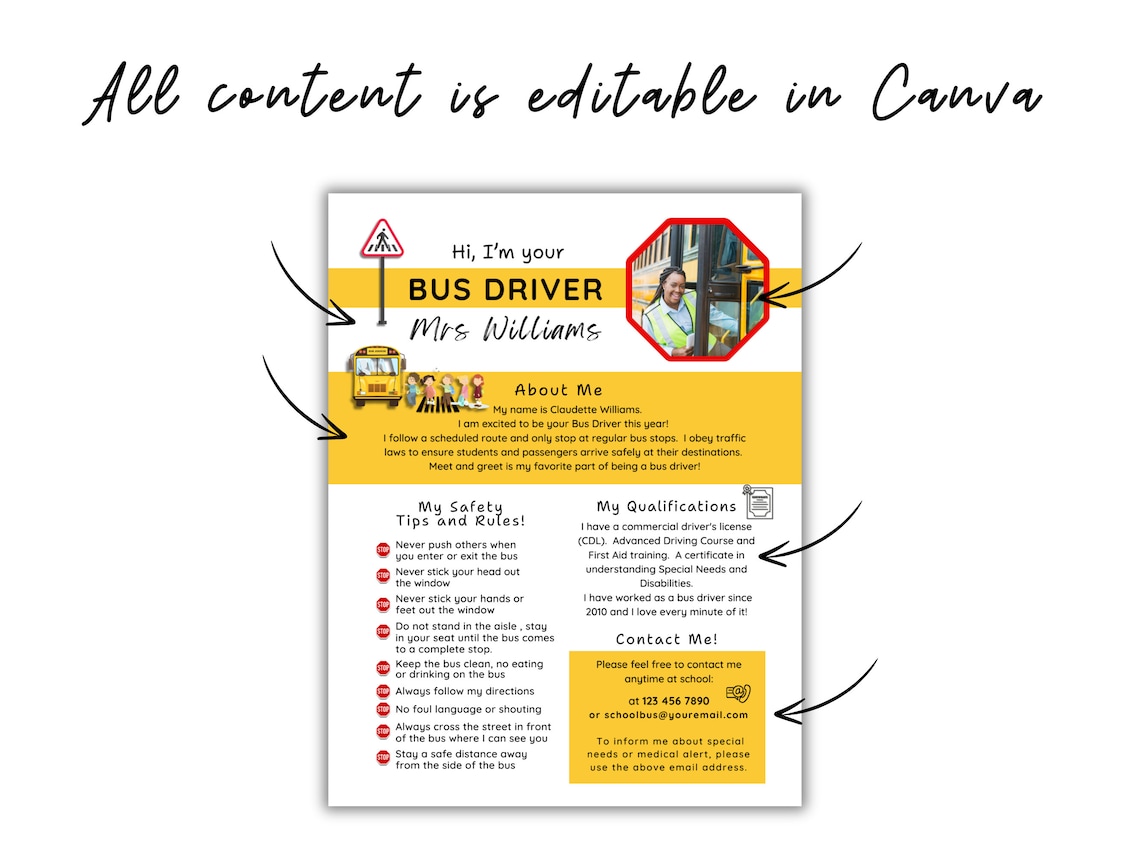 Meet the Bus Driver Letter Editable Canva Template Back to School Note ...