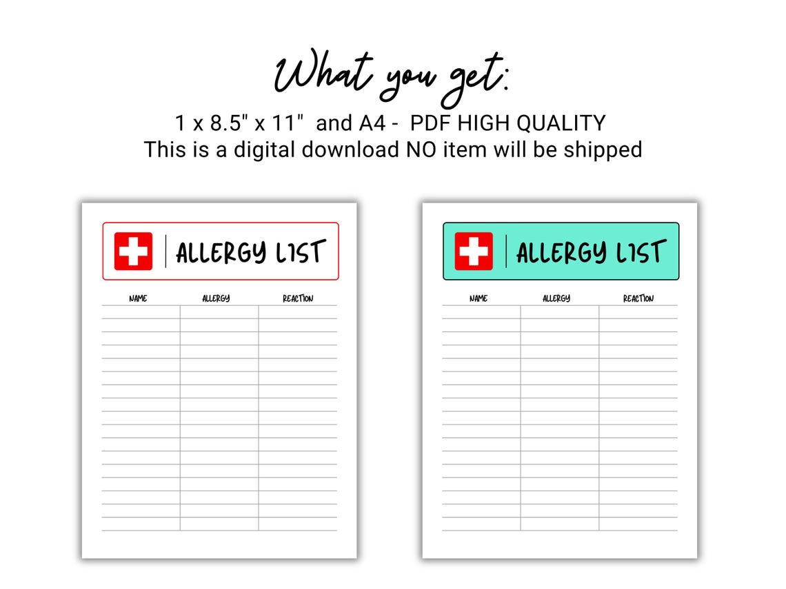 ALLERGY LIST, Daycare, Pre-school, Nurse, Classroom, Workplace, Form ...