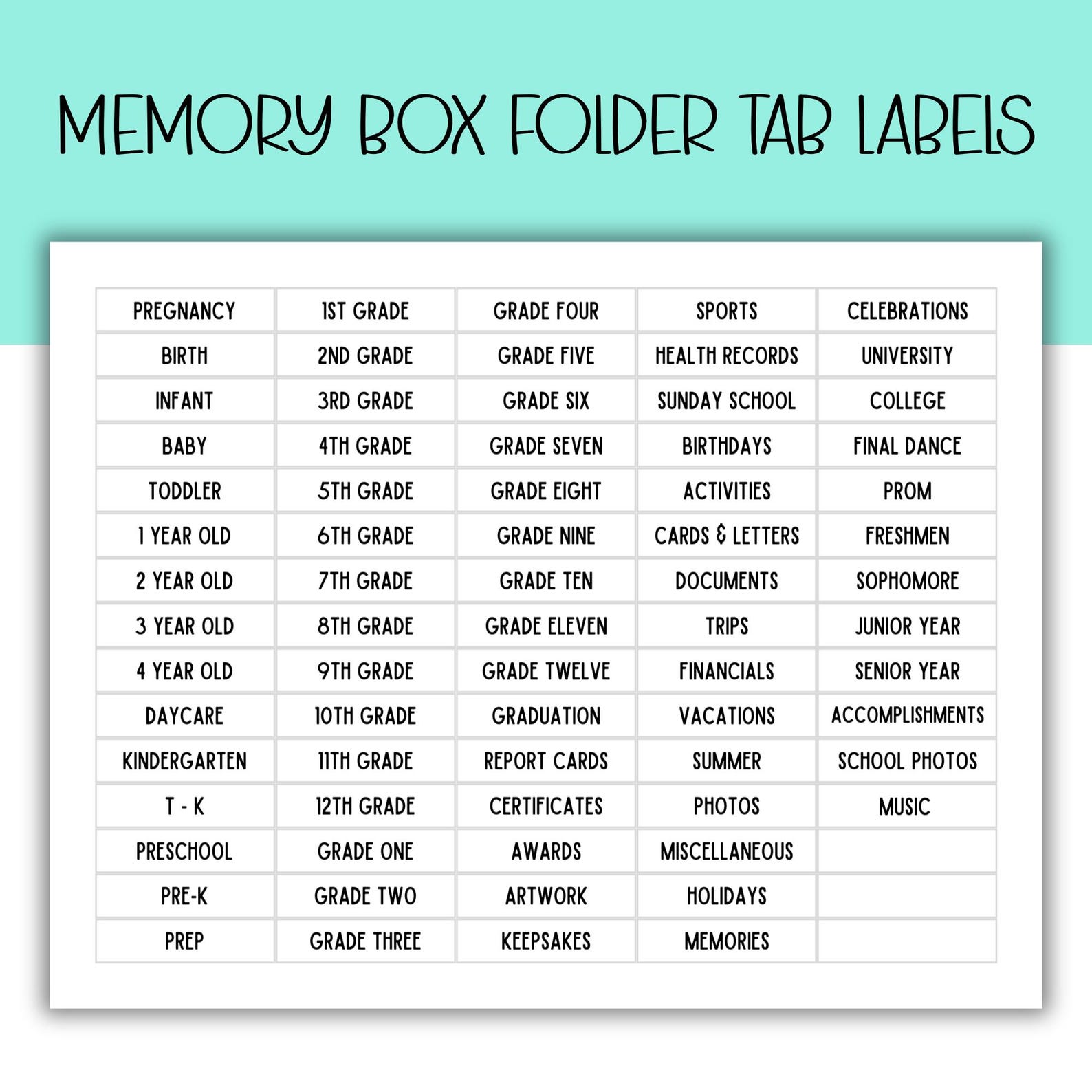 MEMORY Box TAB LABELS, Printable, School File Box, Kids School Years ...