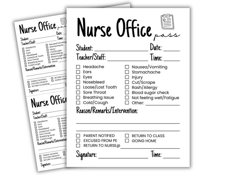 School Nurse Pass Printable: Health Office Form (PDF Download 8.5x11in ...
