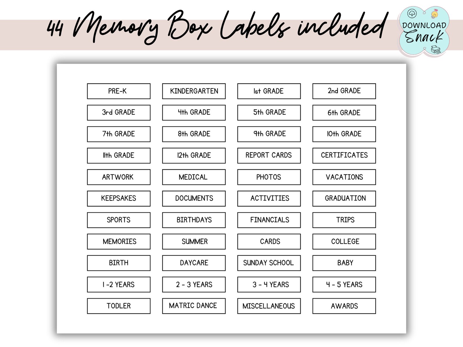 MEMORY Box TAB LABELS, Printable, School File Box, Kids School Years ...