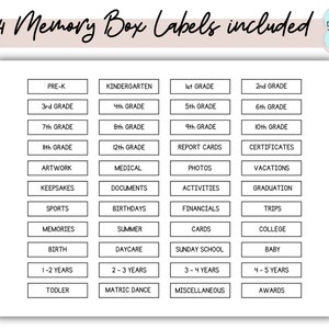 MEMORY Box TAB LABELS, Printable, School File Box, Kids School Years ...
