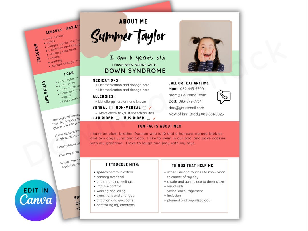 About Me Down Syndrome SPECIAL NEEDS Page, Back to School, Editable ...