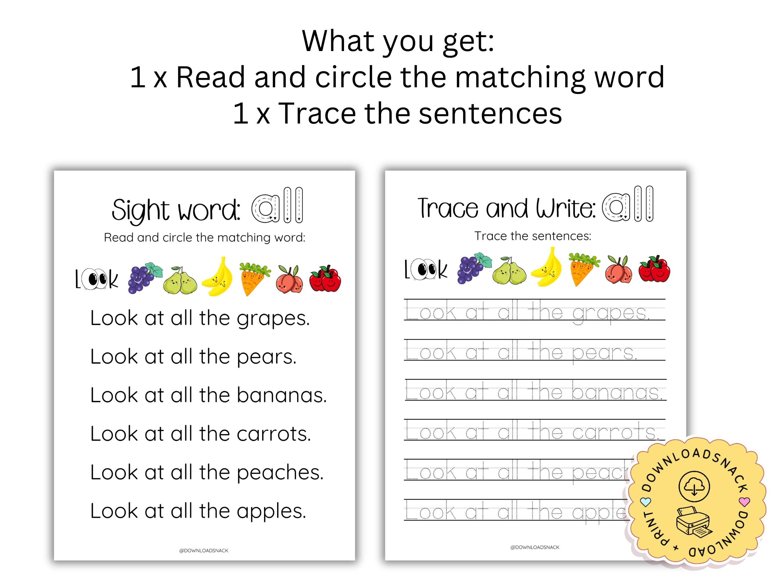 Sight Word ALL Worksheets, Handwriting, Spelling and Match Game ...