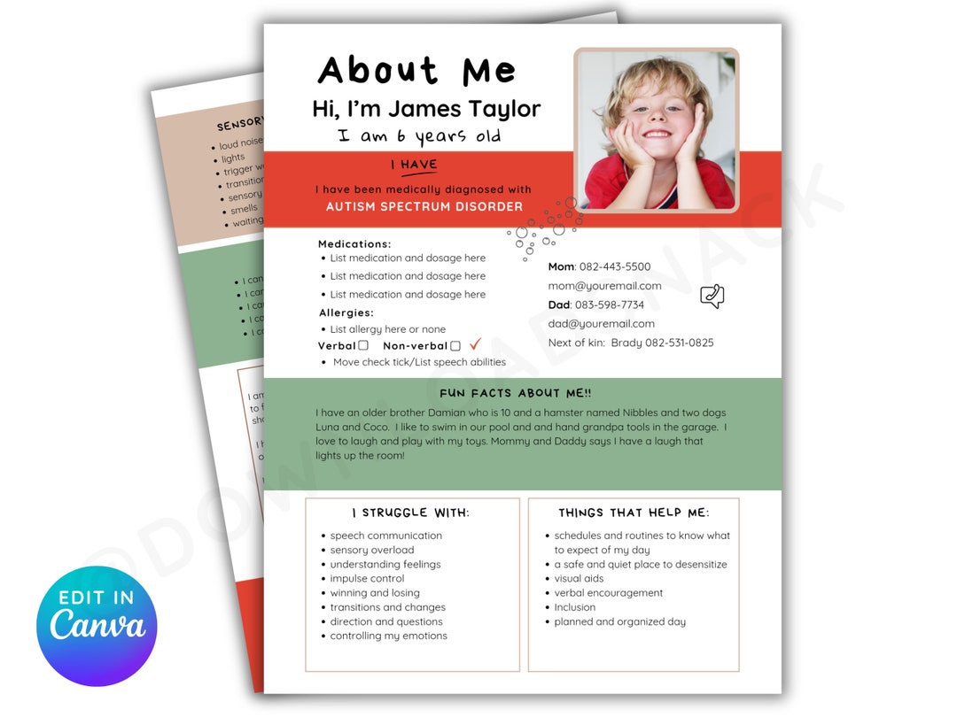 All About Me Autism SPECIAL NEEDS Page, Back to School, ADHD, Editable ...