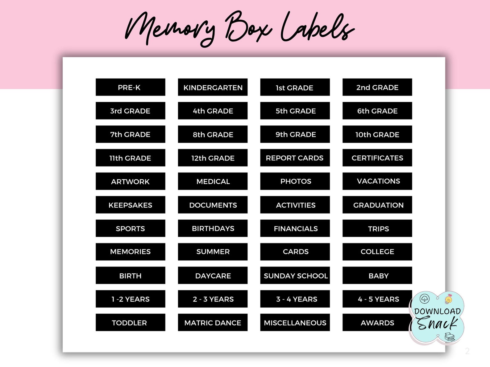 MEMORY Box TAB LABELS, Printable, School File Box, Kids School Years ...