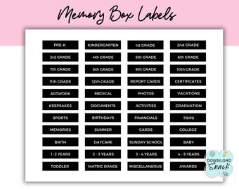 MEMORY Box TAB LABELS, Printable, School File Box, Kids School Years ...