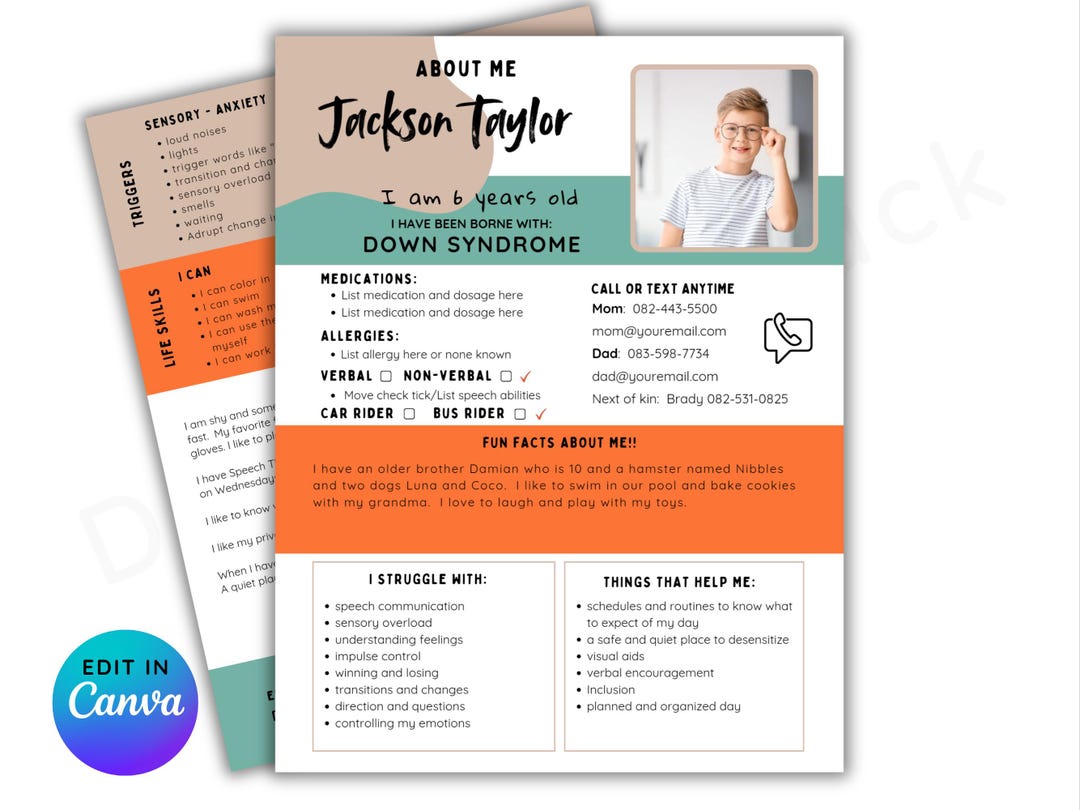 All About Me, Down Syndrome, SPECIAL NEEDS Page, Back to School ...