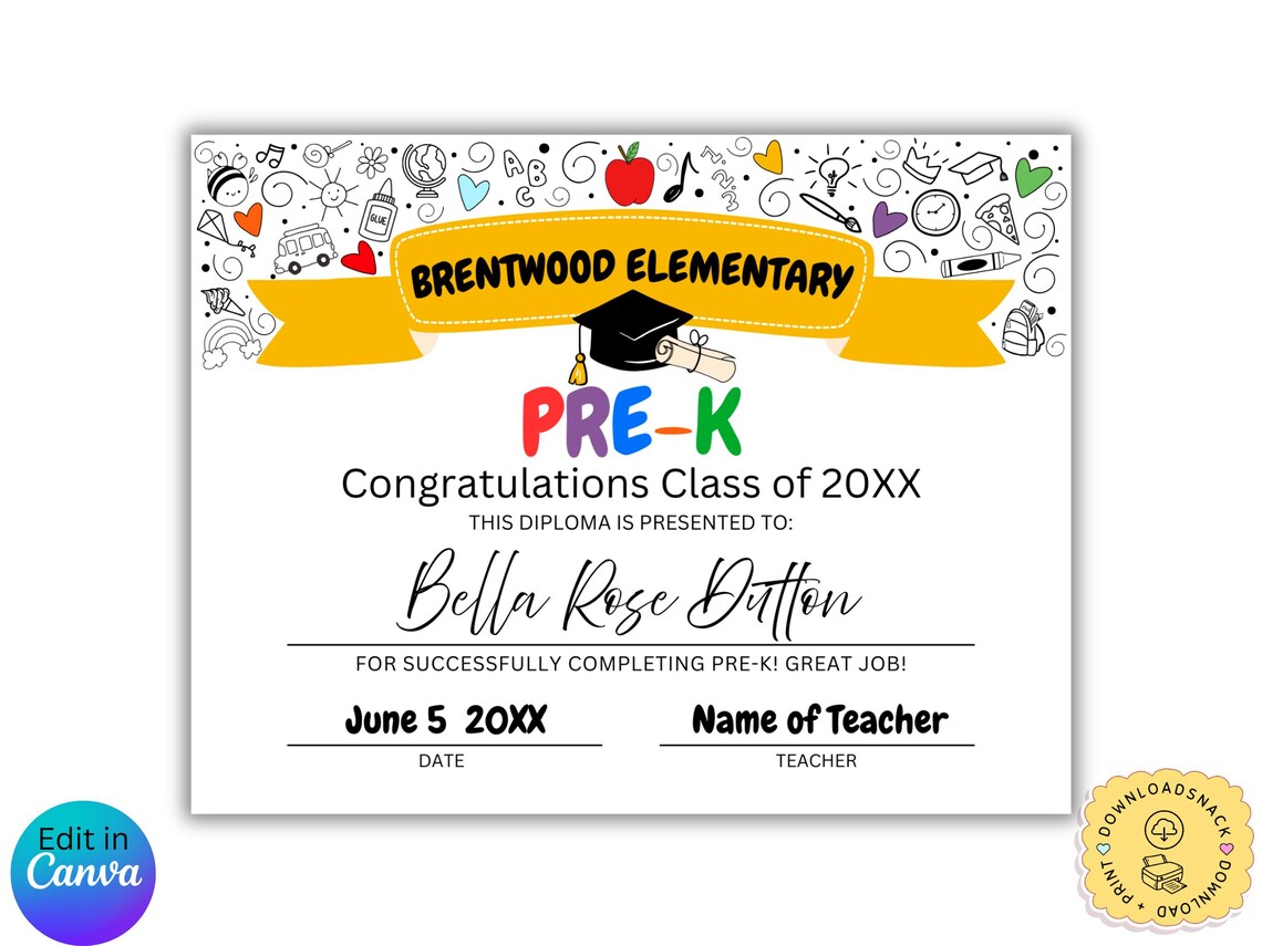 Editable Pre-k Graduation Certificate, Last Day of Kindergarten School ...