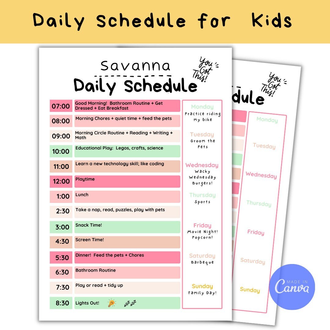 Daily Schedule for Kids, Editable Template PDF in CANVA, Chore Chart ...