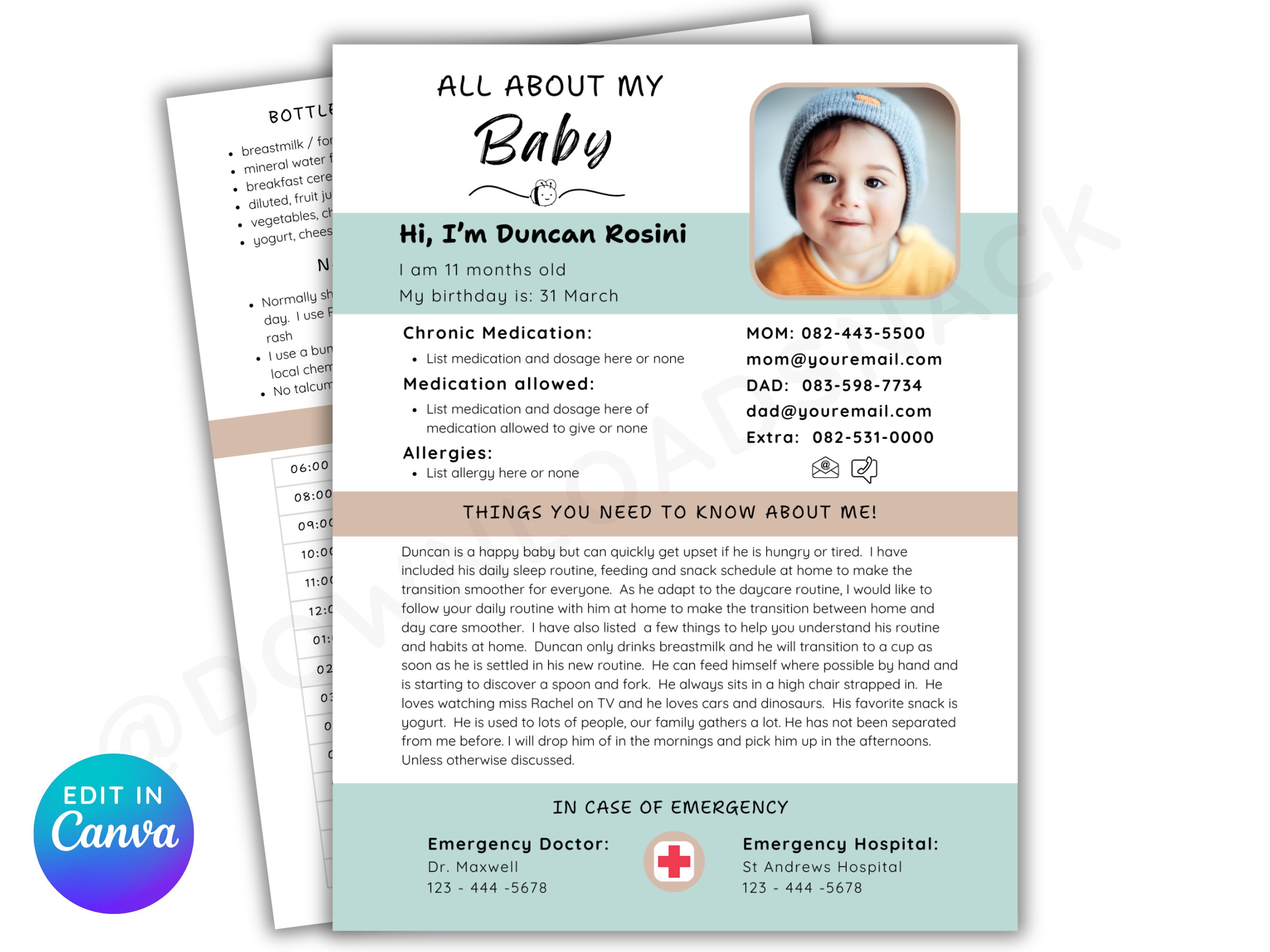 All About Me, Baby, First Day of Daycare, Childcare, Babysitter ...