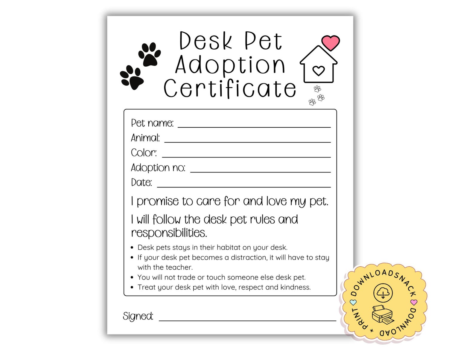 Desk Pet Adoption Certificate Printable, Desk Pet Habitat, Teacher Desk ...