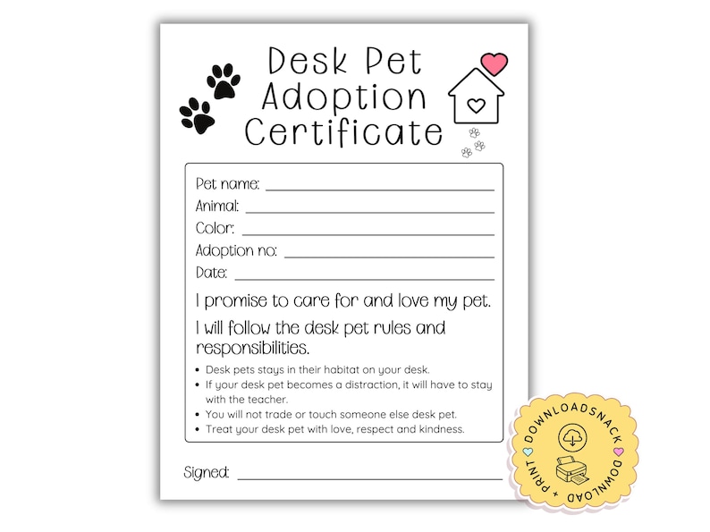 Desk Pet Adoption Certificate Printable, Desk Pet Habitat, Teacher Desk ...