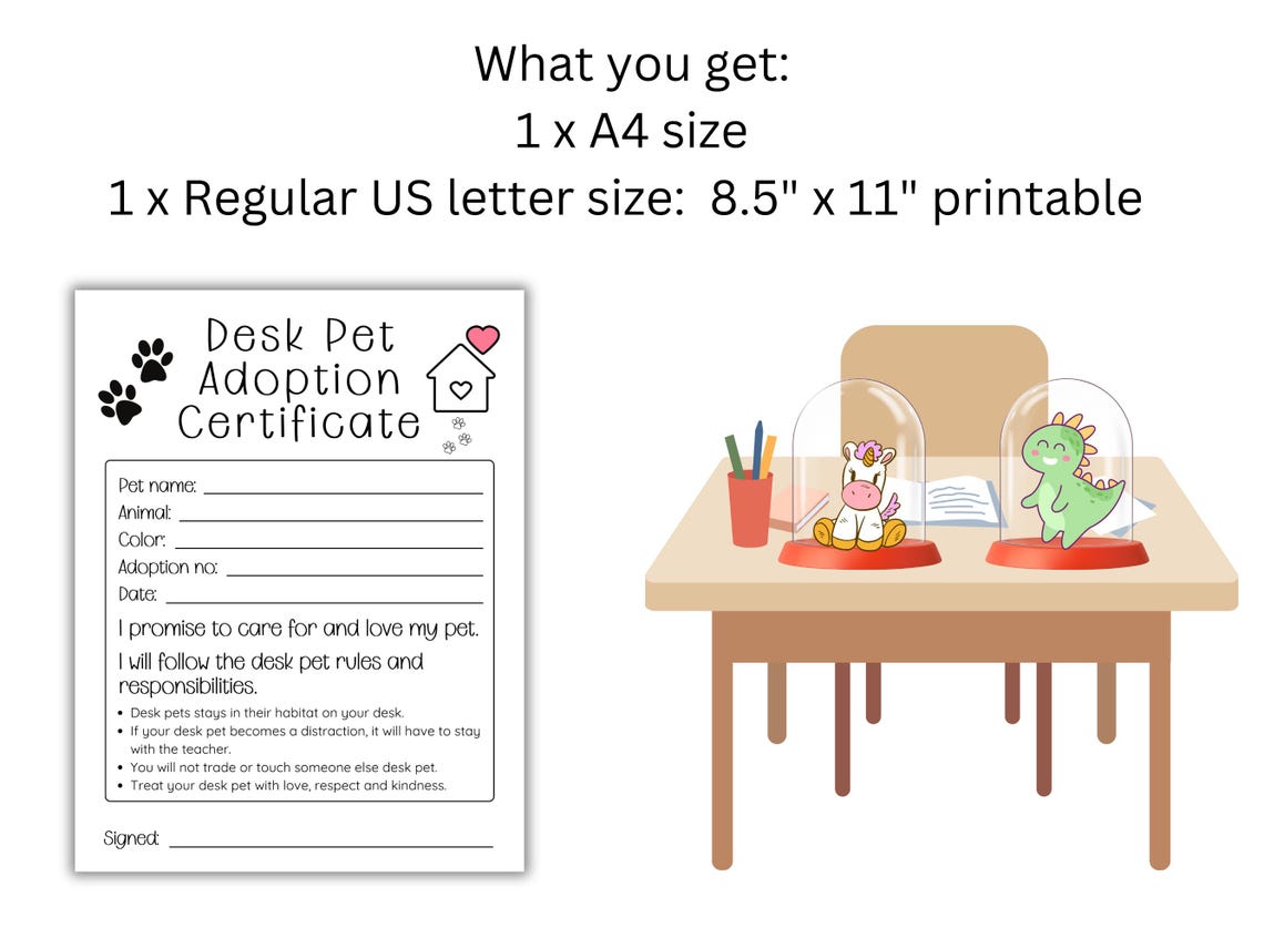 Desk Pet Adoption Certificate Printable, Desk Pet Habitat, Teacher Desk ...