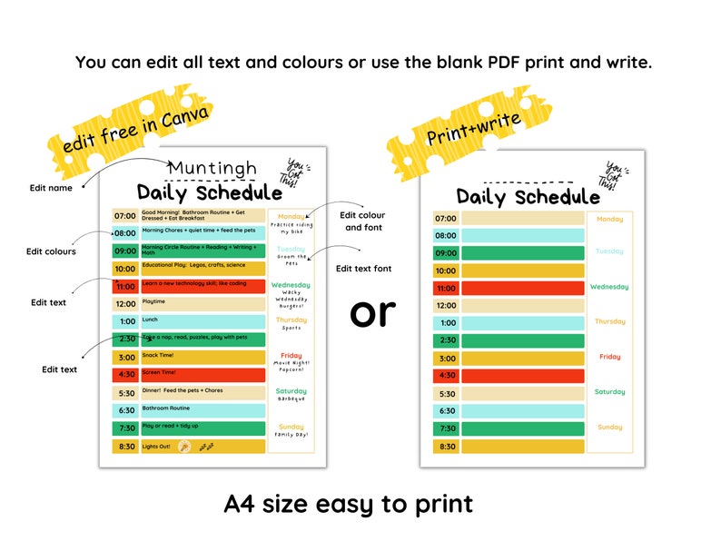 Daily Schedule for Kids, Daily Routine, Editable Template in CANVA, Chore Chart for Children - Etsy