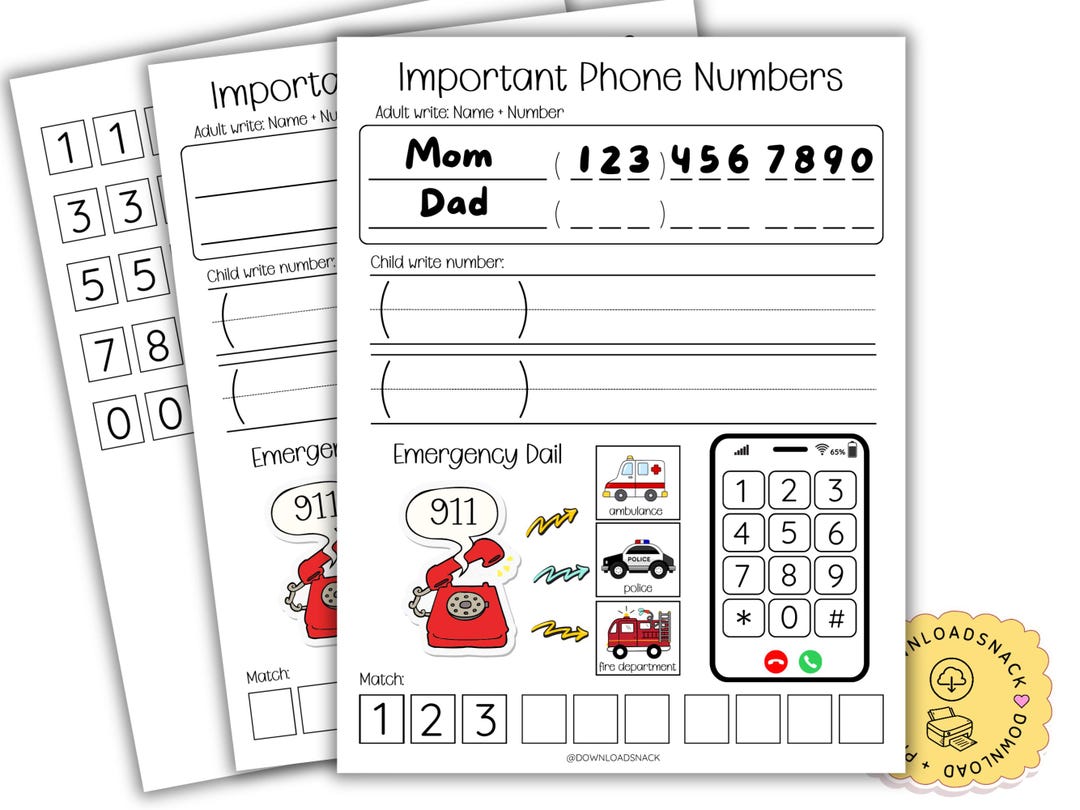 Important Phone Numbers Life Skills for Kids Printable, Learn Mom & Dad ...