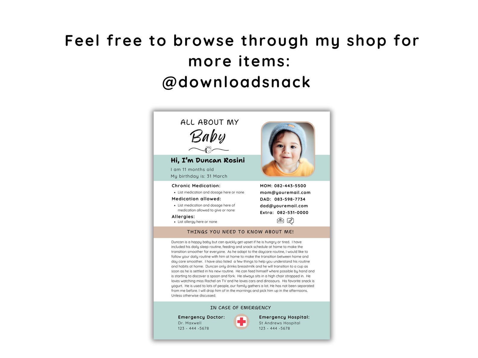 All About Me, Baby, First Day of Daycare, Childcare, Babysitter ...