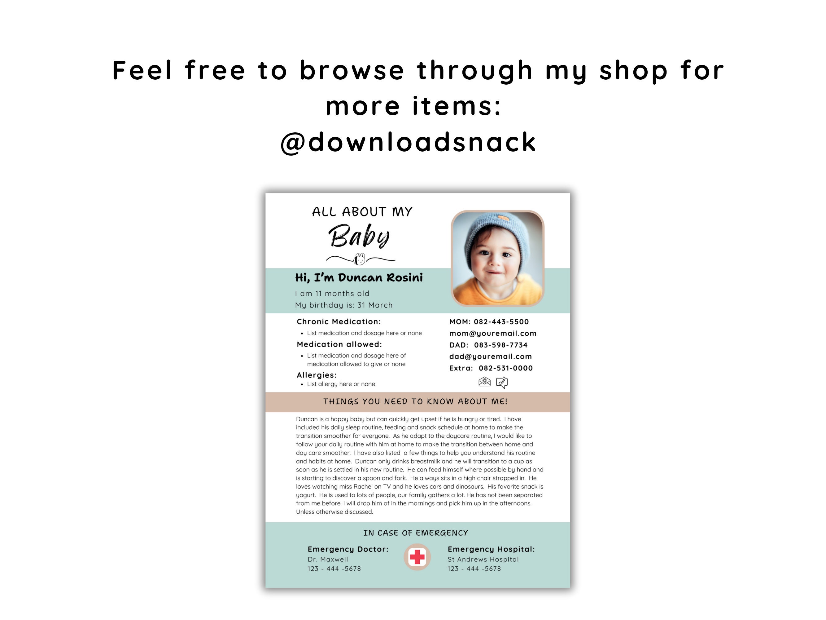 All About Me, Baby, First Day of Daycare, Childcare, Babysitter ...