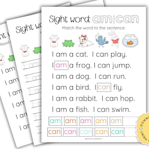 Sight Words AM and Can Worksheets, Handwriting, Spelling and Match Game ...