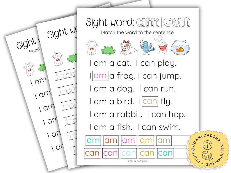 Sight Words AM and Can Worksheets, Handwriting, Spelling and Match Game ...