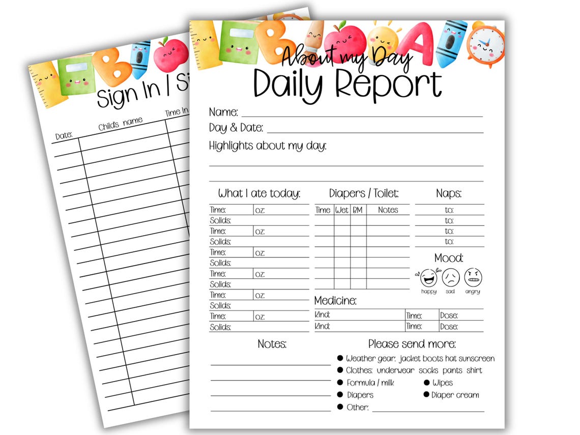 Daily Report All About My Day, Daily Log for Daycare, Preschool, Nanny ...