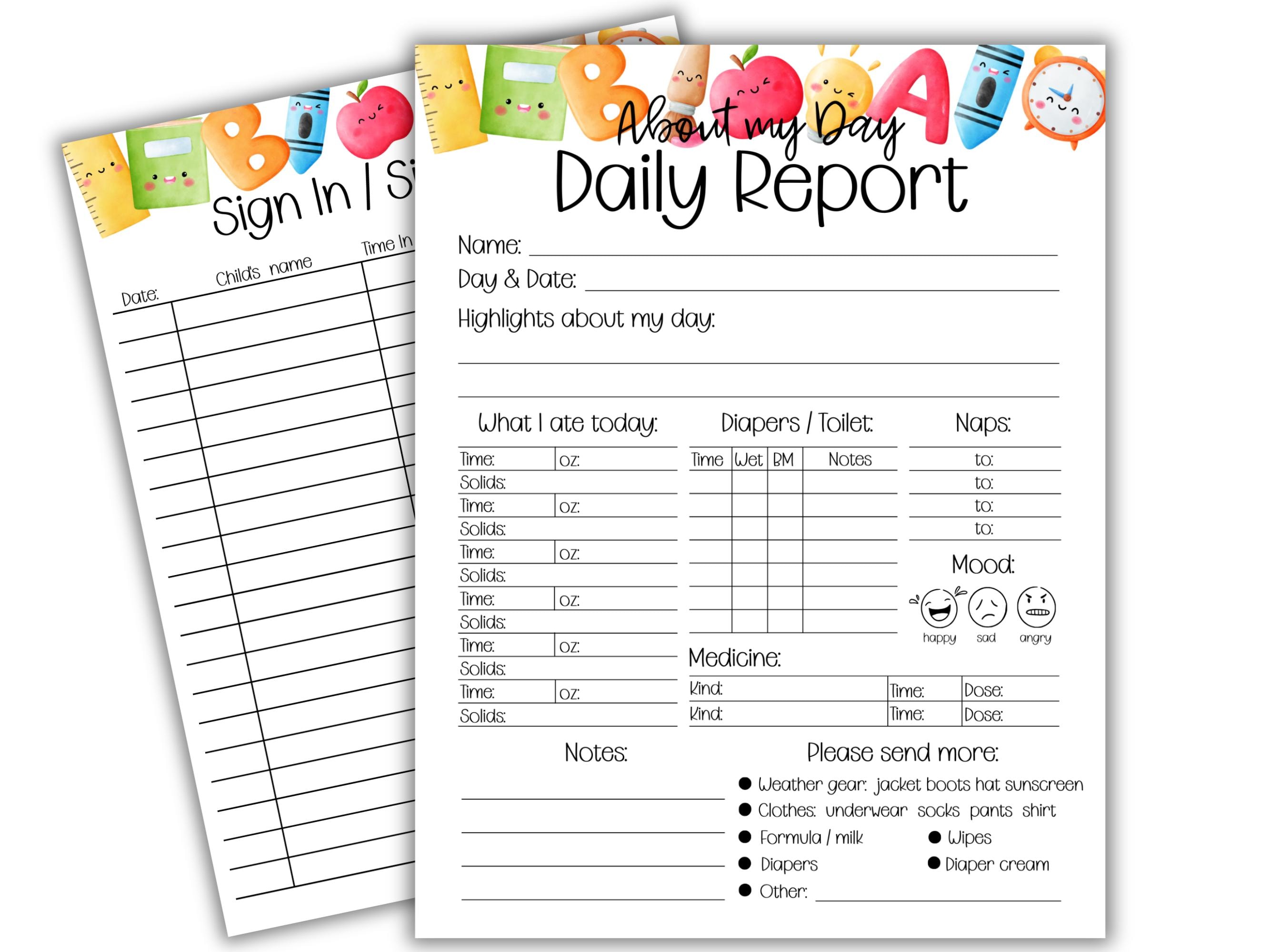 Daily Report All About My Day, Daily Log for Daycare, Preschool, Nanny ...