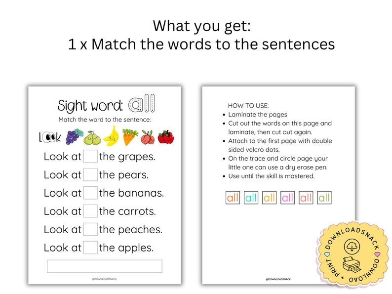 Sight Word ALL Worksheets, Handwriting, Spelling and Match Game ...
