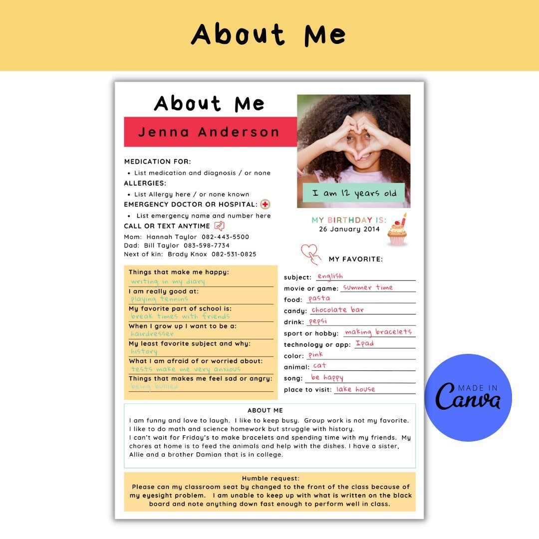 All About Me Information, Editable Template, Back to School, ADHD ...
