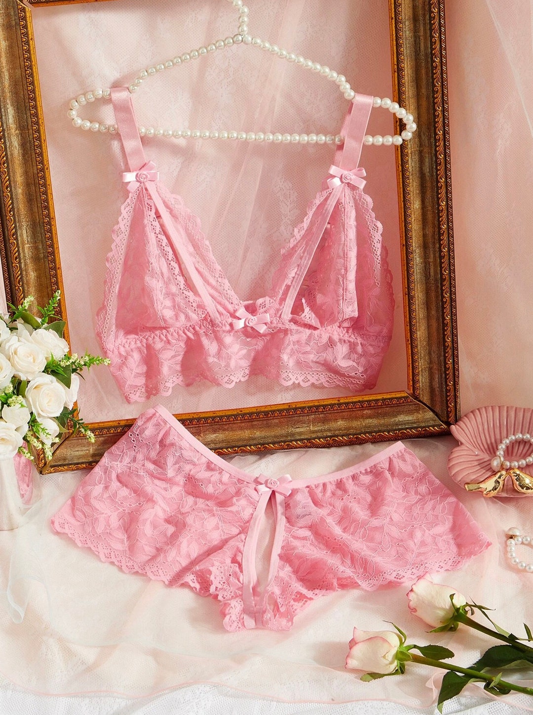 Romantic Plus Size Floral Lace Bow Decor Cutout Lingerie Set Etsy