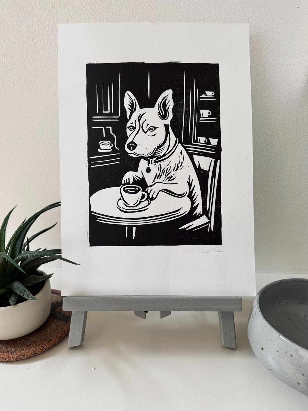 Puppuccino: Original Linocut for Puppy Lover. Dog Art in Cafe, Handmade ...