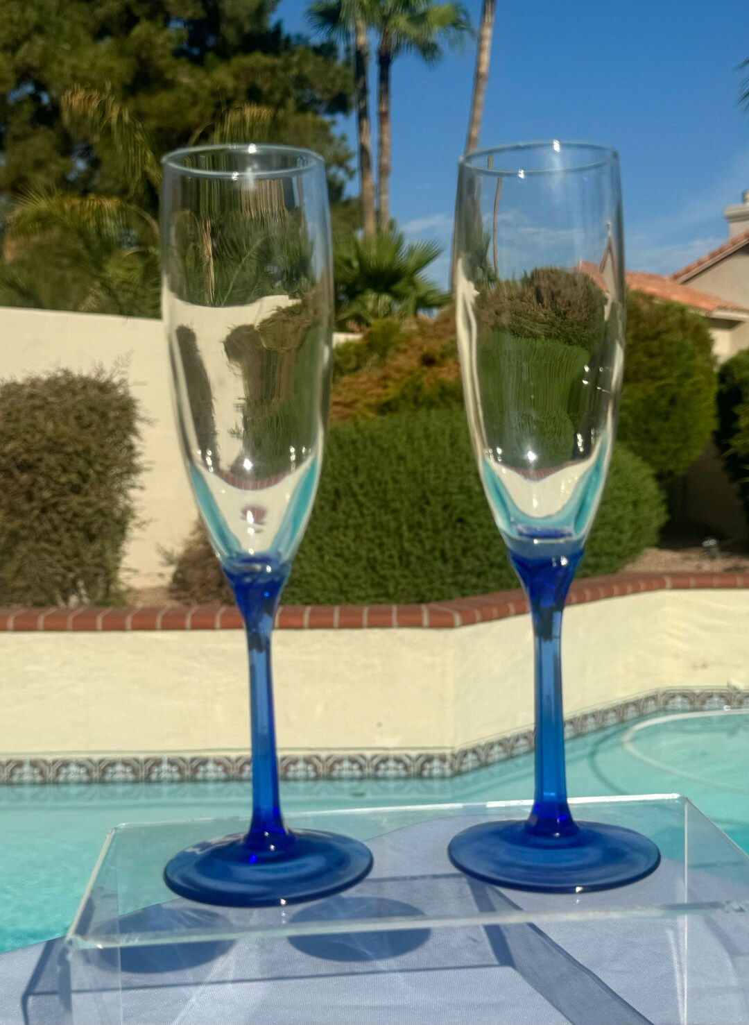 Set of 2 Libbey Champagne Flutes Cobalt Blue Tulip Hexagon Stem - Etsy