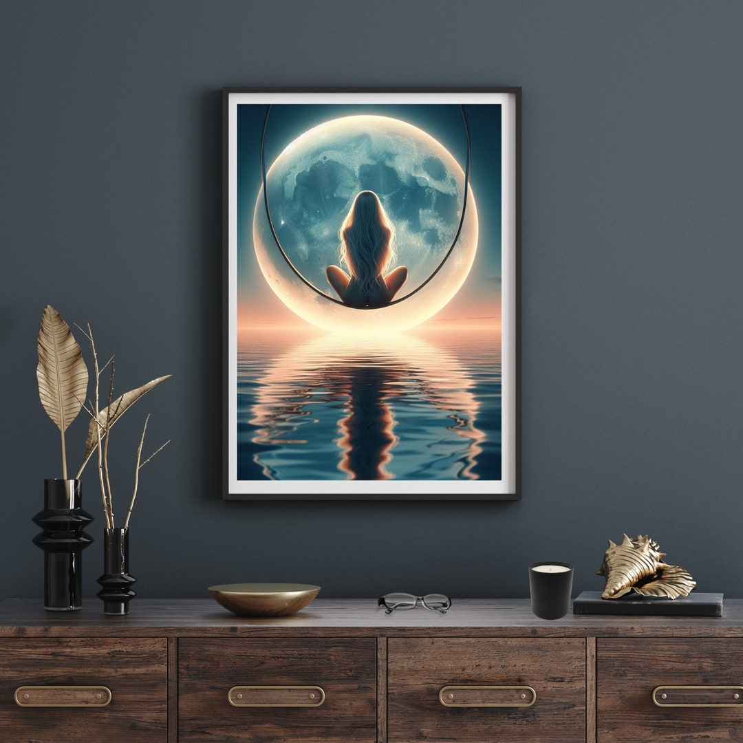 Moon Child in the Night Sky, Ocean Reflection, Celestial Art, Blue ...