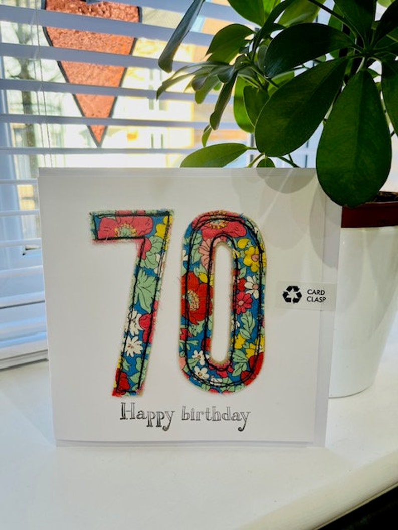 70th Birthday Card Appliqued Fabric Liberty Machine Embroidered