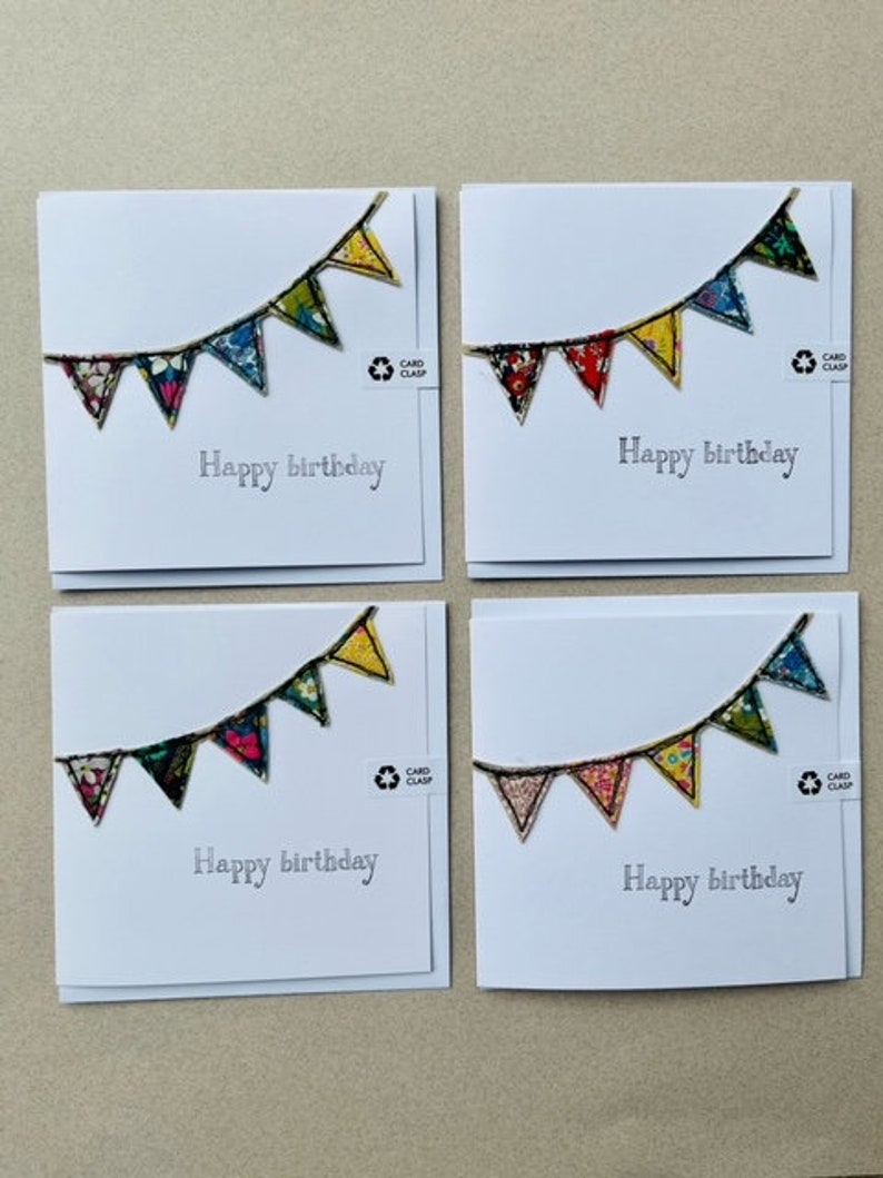 Happy Birthday Card. Bunting. Appliqued Fabric. Liberty. Machine Embroidered. Unique. Handmade ...
