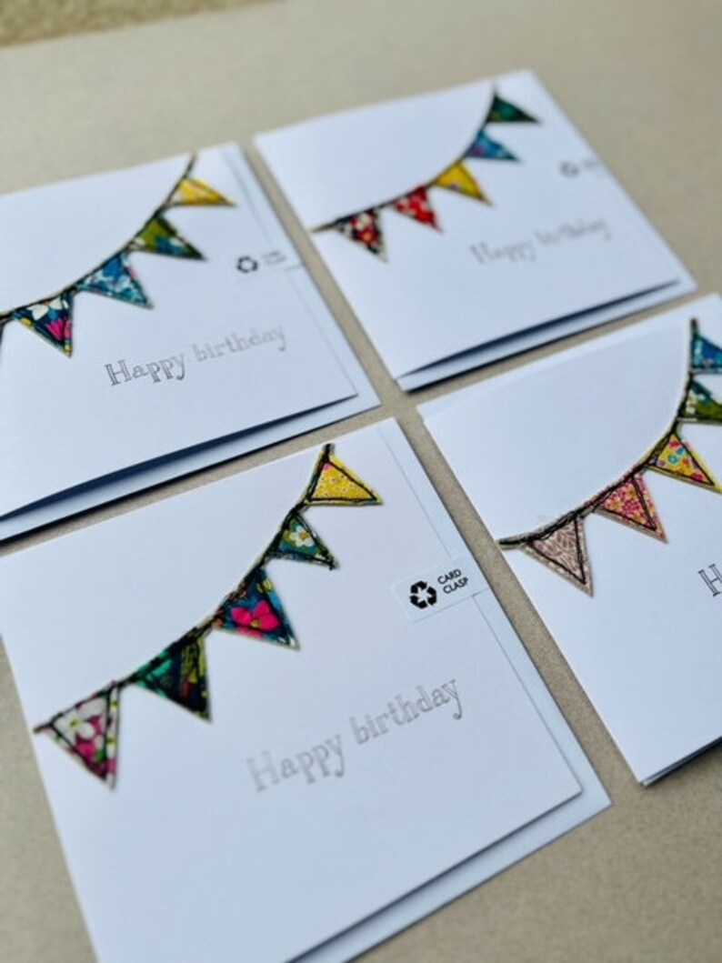 Happy Birthday Card. Bunting. Appliqued Fabric. Liberty. Machine Embroidered. Unique. Handmade ...