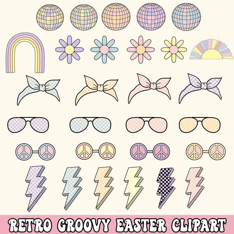 Retro Groovy Easter Clipart Bundle, Easter Clip Art Png Bundle, Spring ...