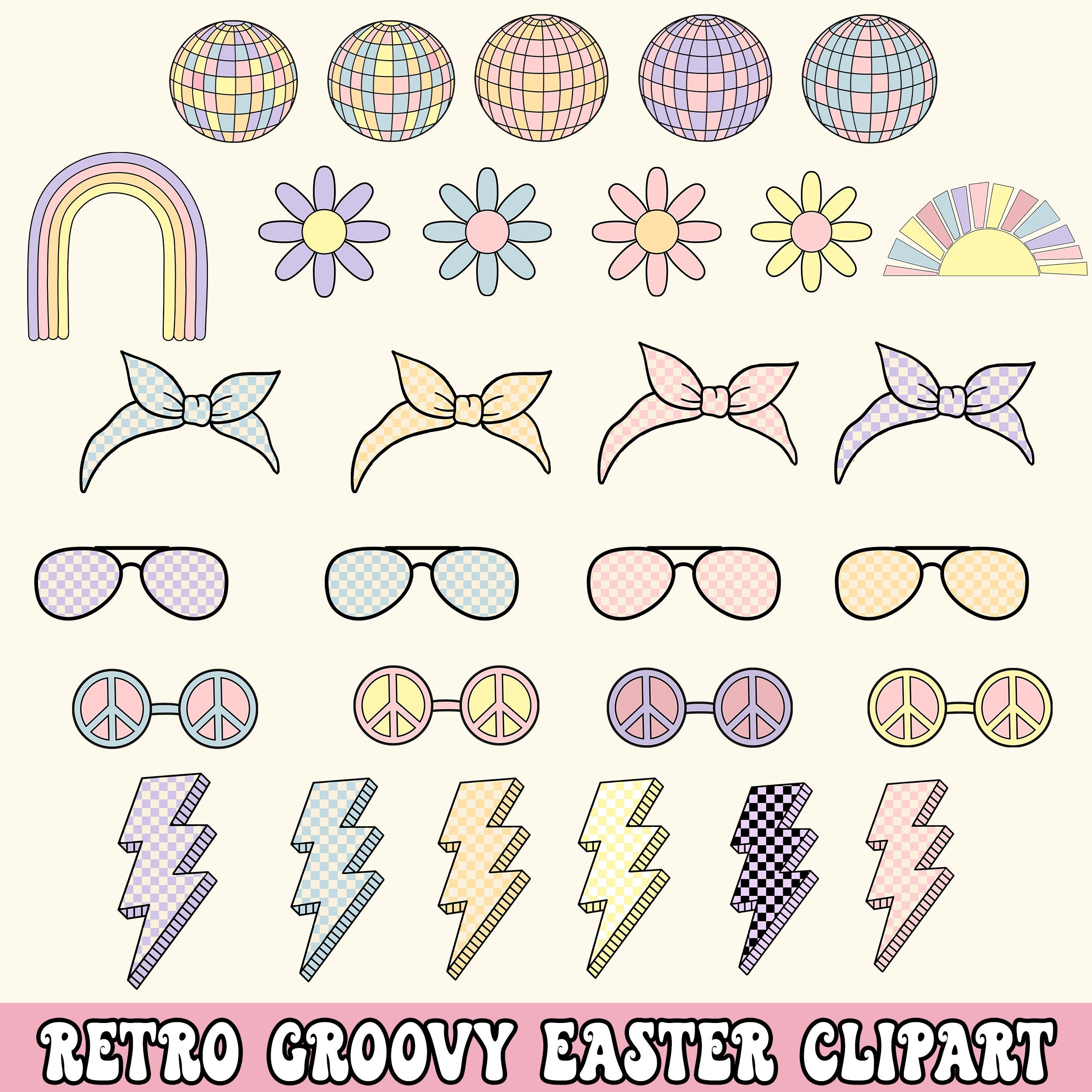 Retro Groovy Easter Clipart Bundle, Easter Clip Art Png Bundle, Spring ...