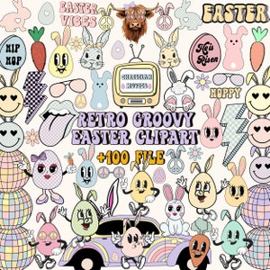 Retro Groovy Easter Clipart Bundle, Easter Clip Art Png Bundle, Spring ...