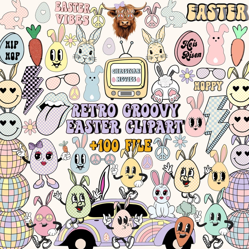 Retro Groovy Easter Clipart Bundle, Easter Clip Art Png Bundle, Spring ...