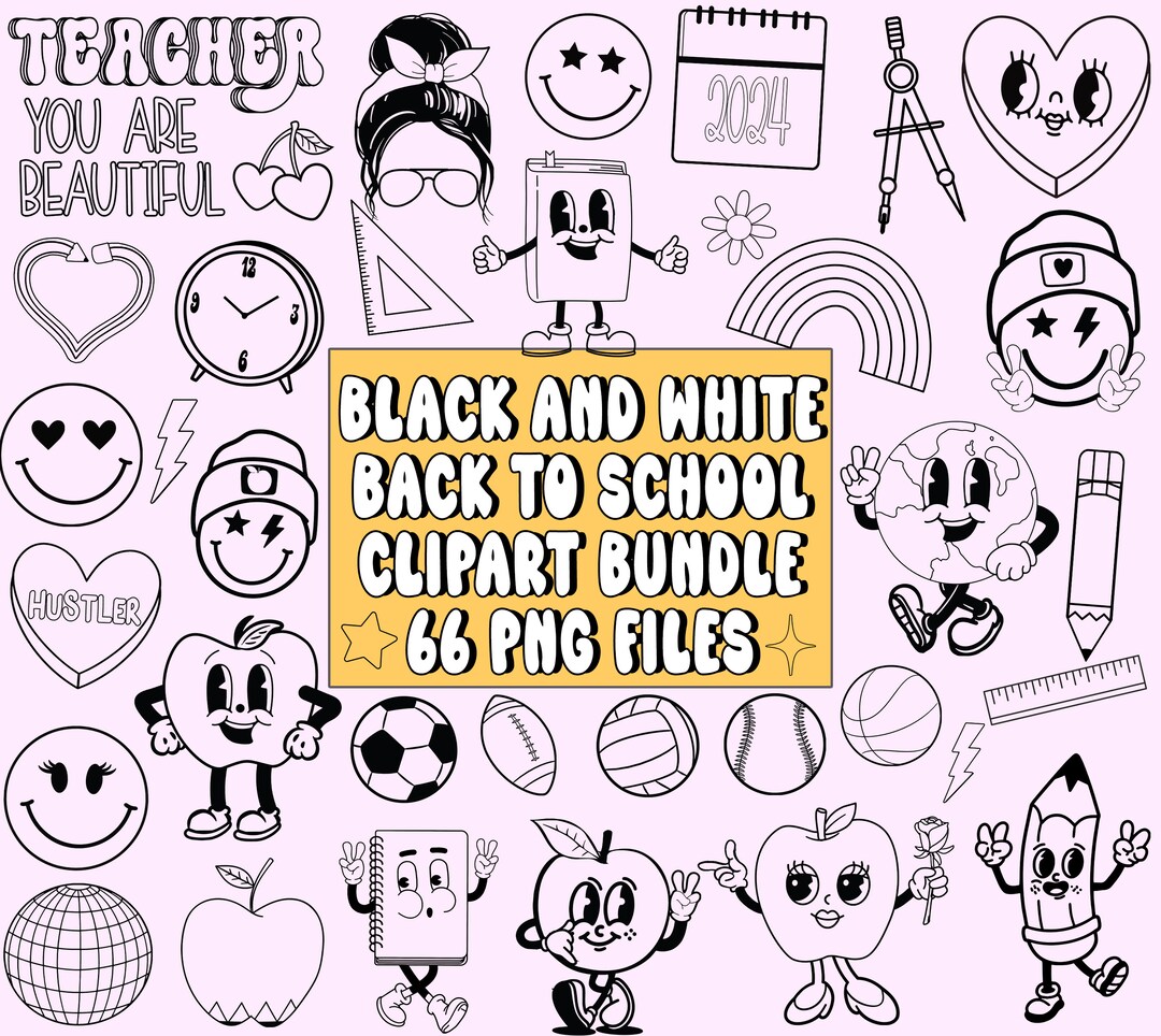 Back to School Outlines Clipart, School Clip Art Bundle, Back to School ...