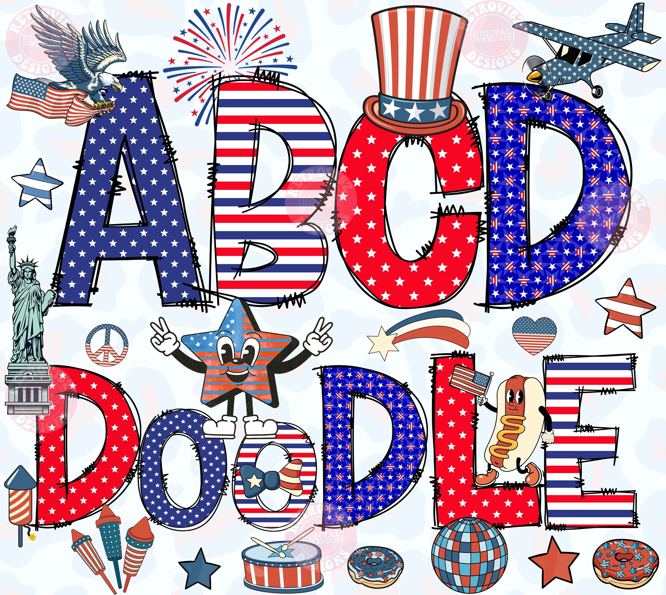 4th of July Alphabet Doodle, USA Alphabet PNG, 4th of July Clip Art PNG ...