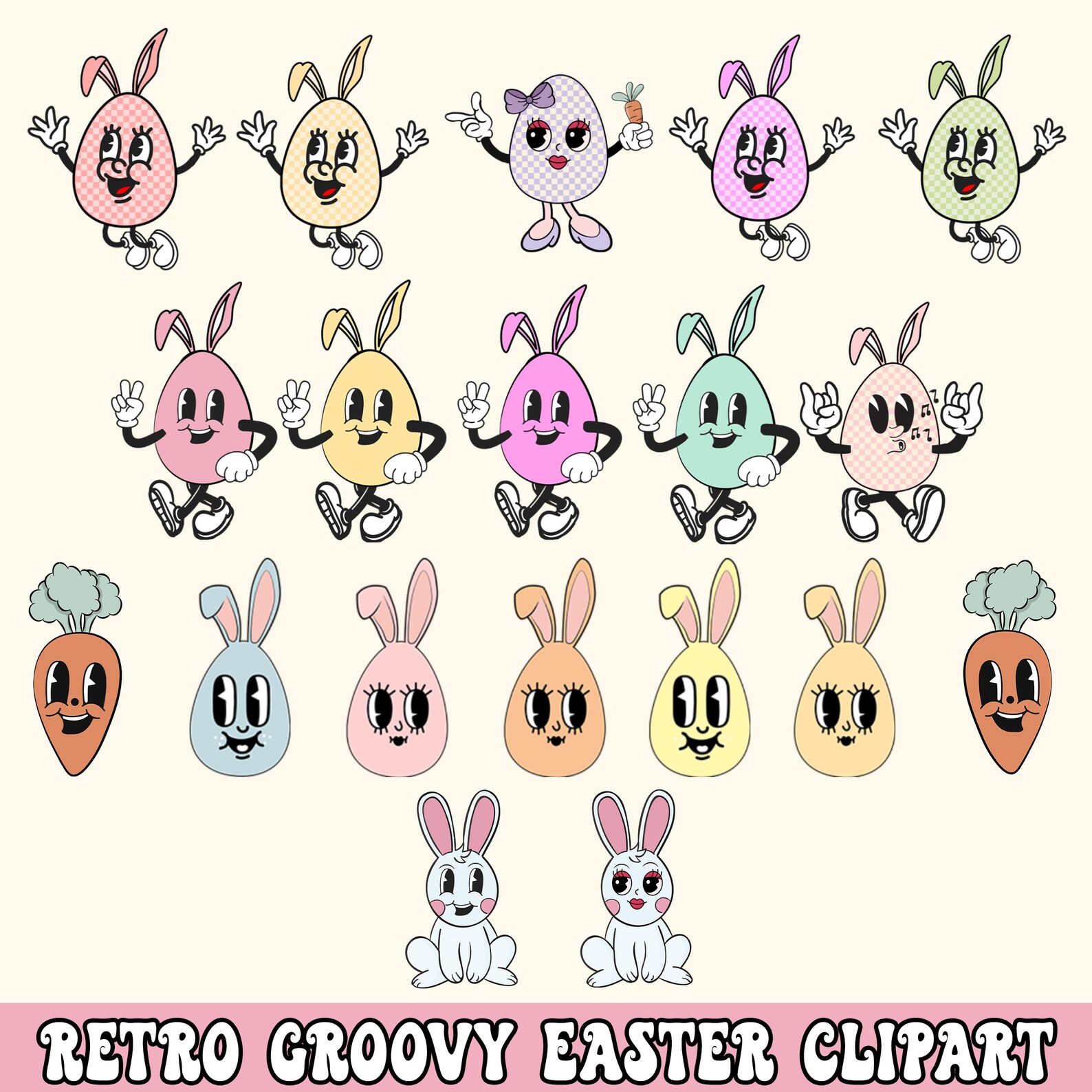 Retro Groovy Easter Clipart Bundle, Easter Clip Art Png Bundle, Spring ...
