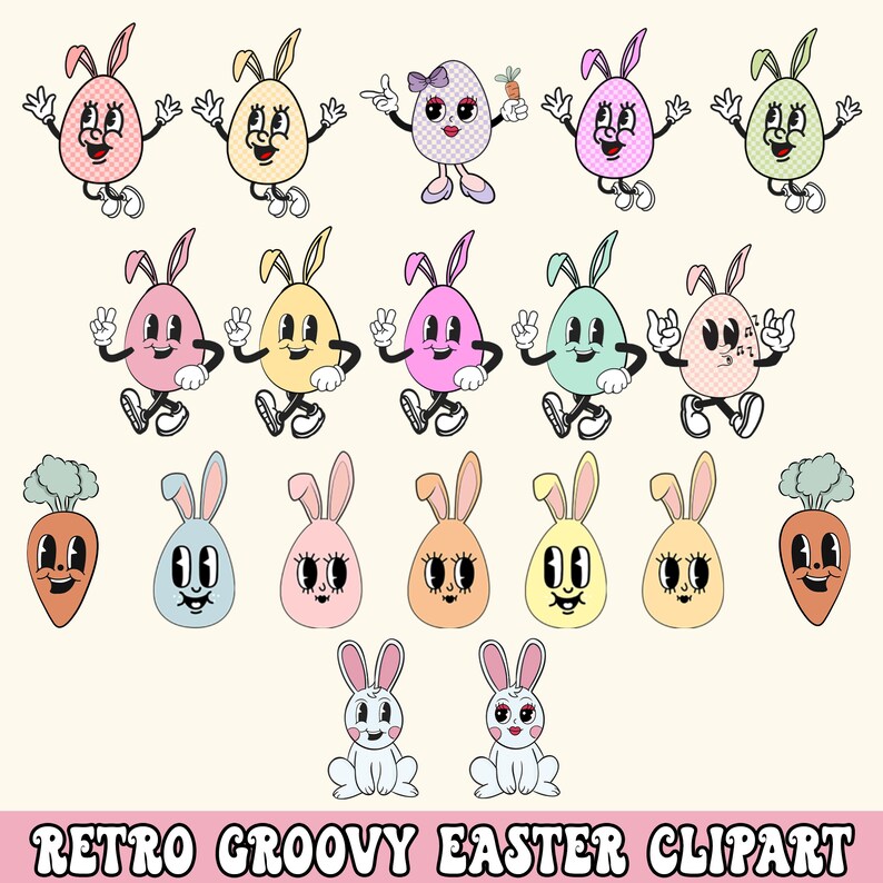 Retro Groovy Easter Clipart Bundle, Easter Clip Art Png Bundle, Spring ...