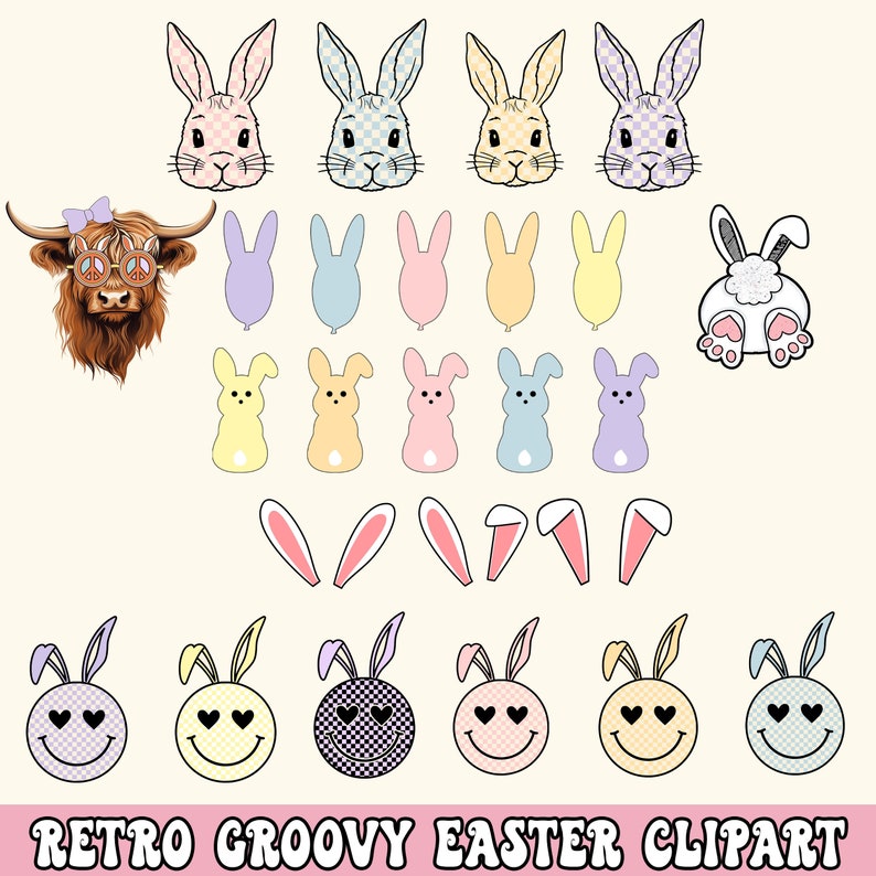 Retro Groovy Easter Clipart Bundle, Easter Clip Art Png Bundle, Spring ...