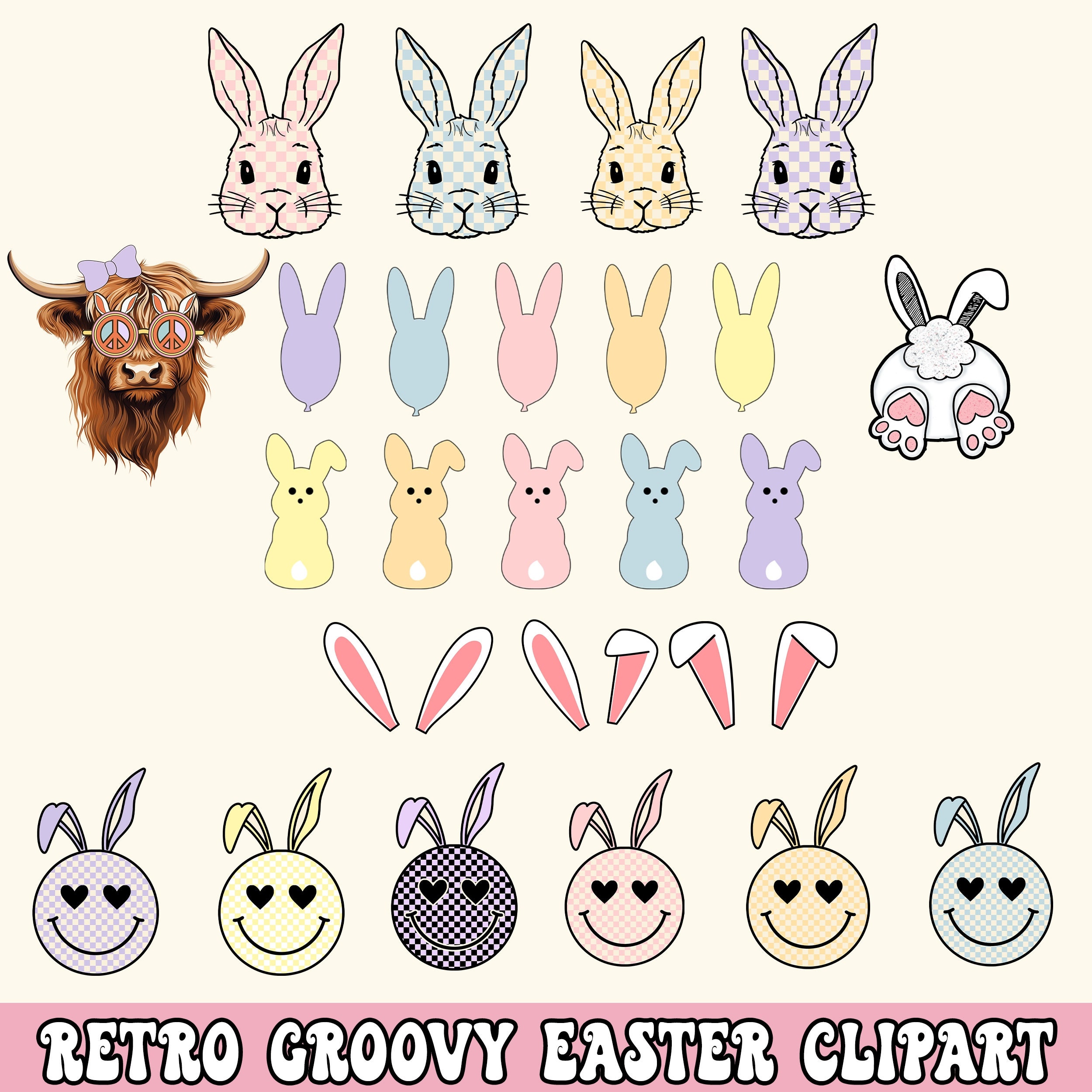 Retro Groovy Easter Clipart Bundle, Easter Clip Art Png Bundle, Spring ...