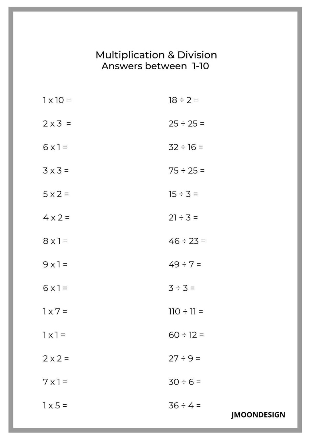 10 Multiplication and Division Worksheets, Mental Math Practice ...